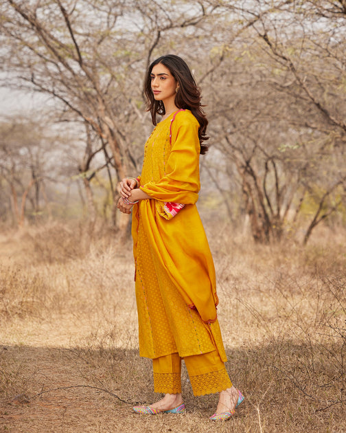 Ziya Set- Mustard chanderi jamdani kurta with pants and dupatta (set o ...