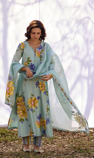 Rifaya Set- Baby Blue digital chanderi set (set of 3) – The Neh Store